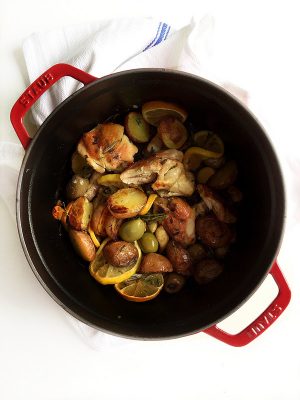 One Pan Roasted Chicken with Potatoes Wine and Olives